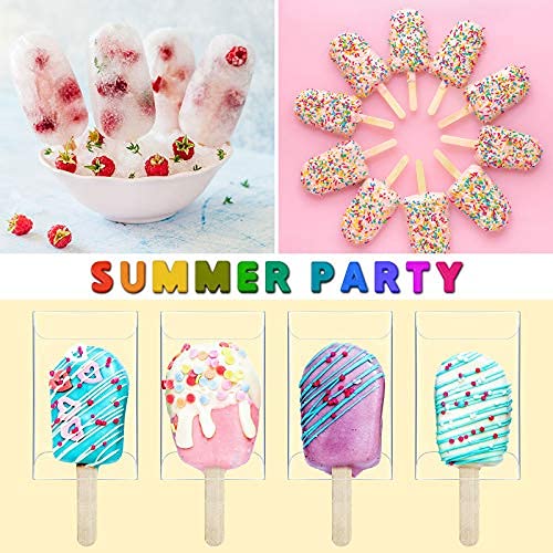 Perthlin 20 Boxes 50 Sticks 3.7 x 2.2 x 1.5 Inches Cakesicle Boxes Clear PET Candy Treat Box Goody Box Wooden Craft Sticks Ice Cream Sticks for Kitchen DIY Baking Wedding Baby Shower Birthday Party