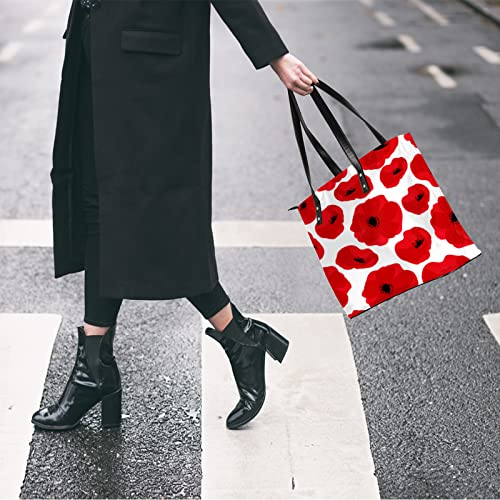Poppy Women's Soft Faux Leather Tote Shoulder Bag Red poppies Big Capacity Handbag for Work School Travel Dating