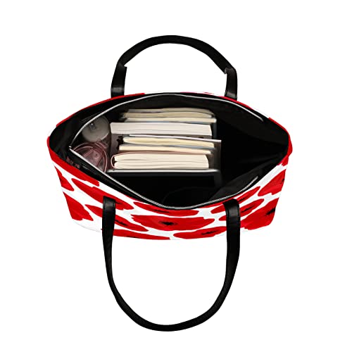 Poppy Women's Soft Faux Leather Tote Shoulder Bag Red poppies Big Capacity Handbag for Work School Travel Dating