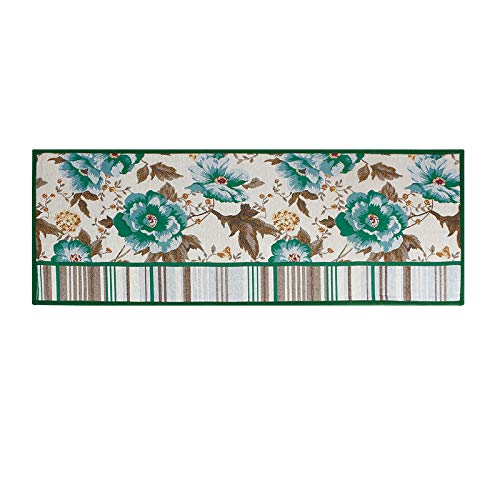 yazi Fabric Kitchen Mat Area Rug Green Striped Flower Non-Slip Rubber Backing Floomat,47x18 Inches