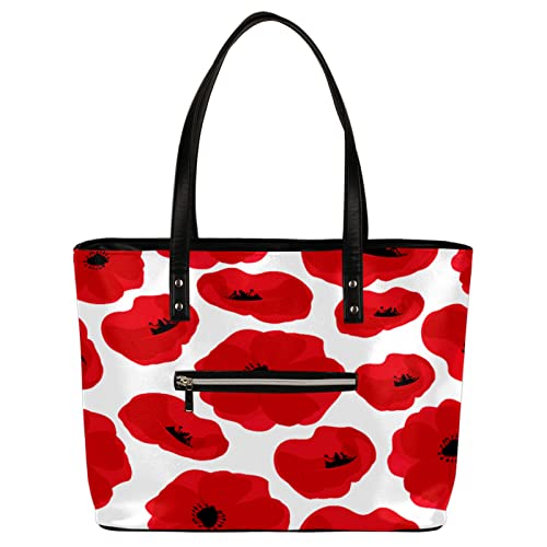 Poppy Women's Soft Faux Leather Tote Shoulder Bag Red poppies Big Capacity Handbag for Work School Travel Dating