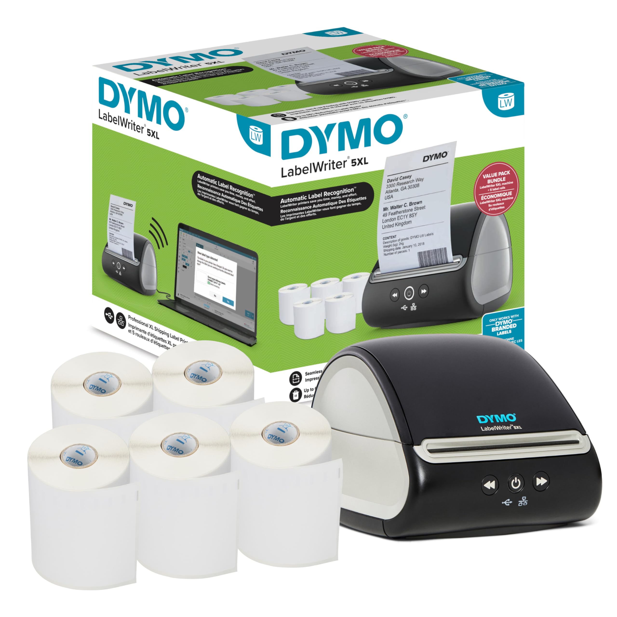 DYMO LabelWriter 5XL Label Printer Bundle, Prints Extra-Wide Shipping Labels (UPS, USPS) from Amazon, eBay, and More, Perfect for eCommerce Sellers, Includes 5 Extra-Large Shipping Labels (1100 Total)