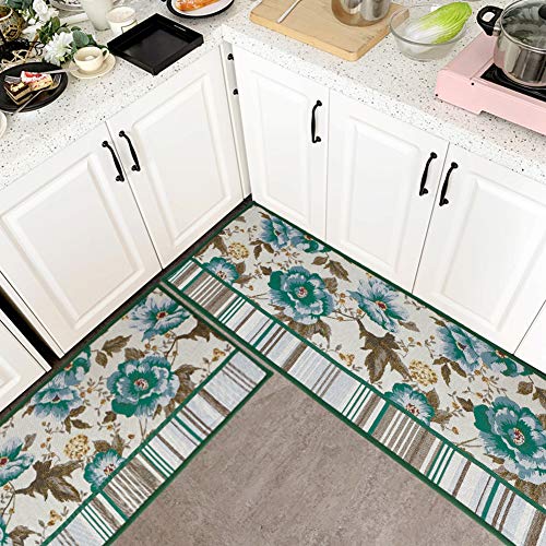 yazi Fabric Kitchen Mat Area Rug Green Striped Flower Non-Slip Rubber Backing Floomat,47x18 Inches