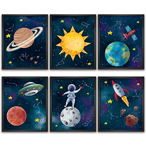 Outer Space Posters for Boys Room Decor - 8x10 Inches UNFRAMED Set of 6 Wall Art - Watercolor Prints Pictures Decor Decorations Gifts Merch Comics Characters for Man Cave Boys Room Nursery Kids Rooms Bedrooms Toddlers Teens Bathrooms Girls Rooms by PRINT'