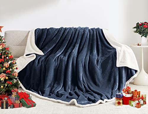 BEAUTEX Sherpa Fleece Throw Blankets, Soft Fluffy Flannel Plush Blanket and Throw, Fuzzy Cozy Blue Cuddle Blankets for Couch Bed Sofa Adults (50" x 60", NavyBlue)