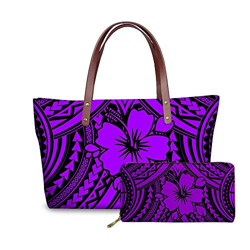 GIFTPUZZ Polynesian Women Handbags and Purses Ladies Shoulder Bag Large for Outdoor Party Satchel Tote with Long Wallet PU Leather Zip Pocket Cards Slots Spear Heads Design Tribal Hibiscus Purple