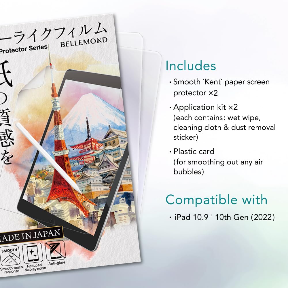 BELLEMOND | Kent Paper Screen Protector for iPad 11” (A16, 2025) & 10.9” (10th Gen, 2022) | Smooth Surface PET Film for Sketching & Note-Taking | Made in Japan | 2 Set