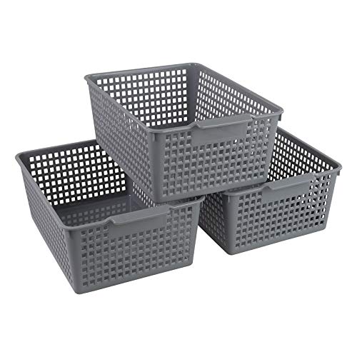 Farmoon Grey Weave Plastic Basket, Plastic Storage Baskets Organizer, 3 Packs
