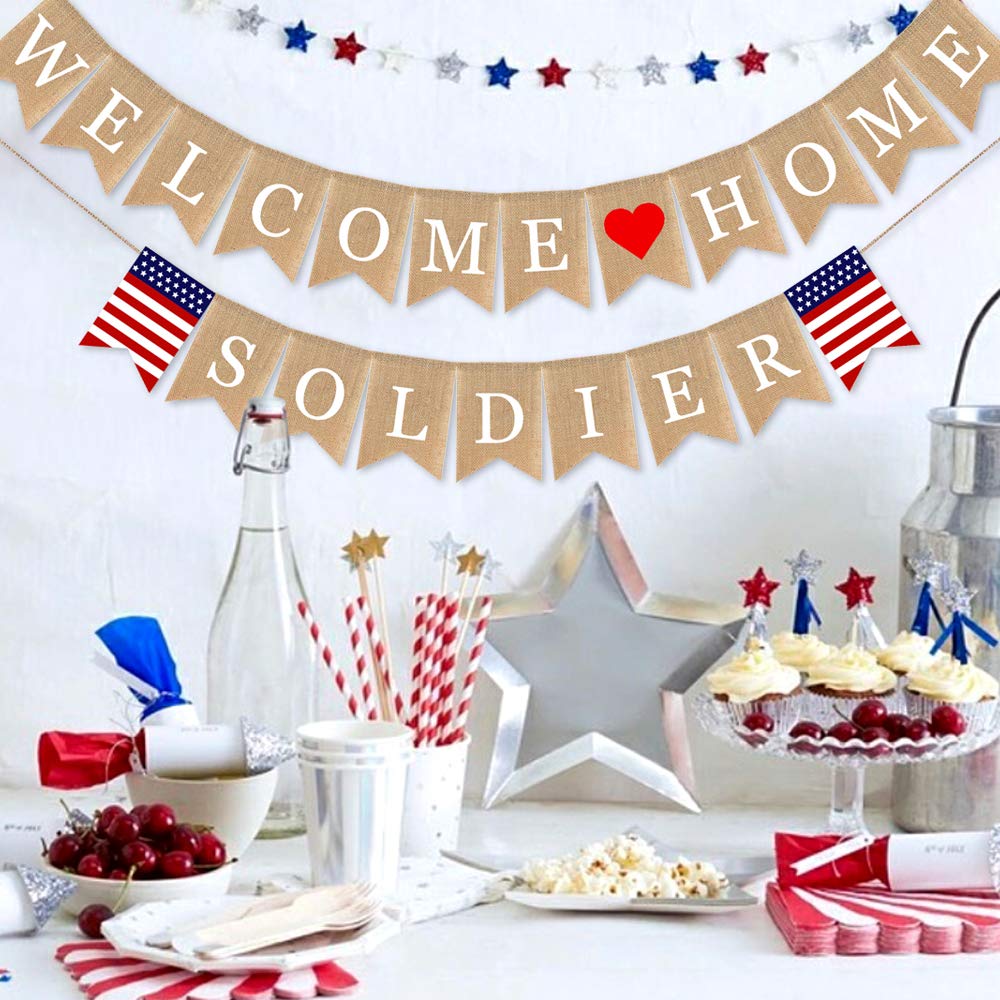 SWYOUN Burlap Welcome Home Soldier Banner Military Army Family Homecoming Party Decorations