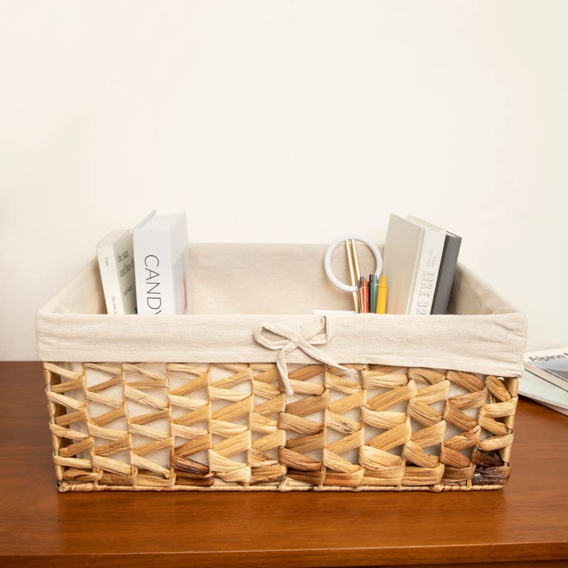 Natural Hyacinth Wicker Storage Baskets, Set Of 3 Hand Woven Water Hyacinth Baskets for Living Room, Organizing Decorative, Woven Basket Organizer Bins with Detachable Lining, Large Medium Small