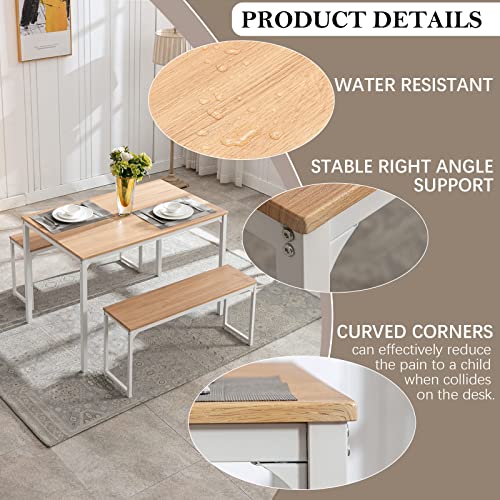 Bonzy Home Dining Room Table Set 3, 3 Piece Kitchen Table Set with Two Benches, Modern Wood Look Table Set for Kitchen,Dining Room, Restaurant (Off White)