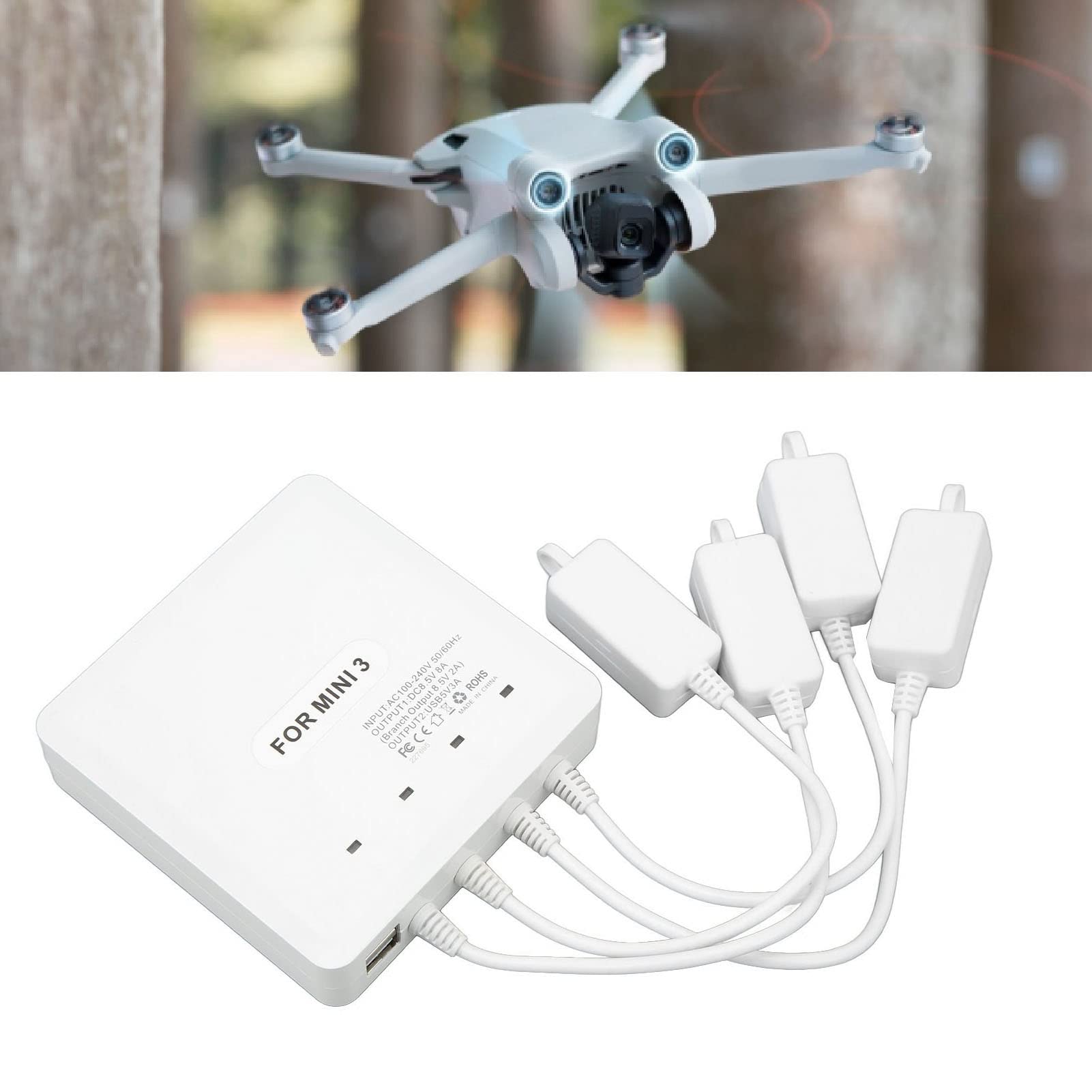 Tnfeeon Drone Battery Charging Hub, 4 Way Plastic Casing 5V 3A USB Output Drone Battery Charger for Mini 3 Pro (US Plug 100‑240V)