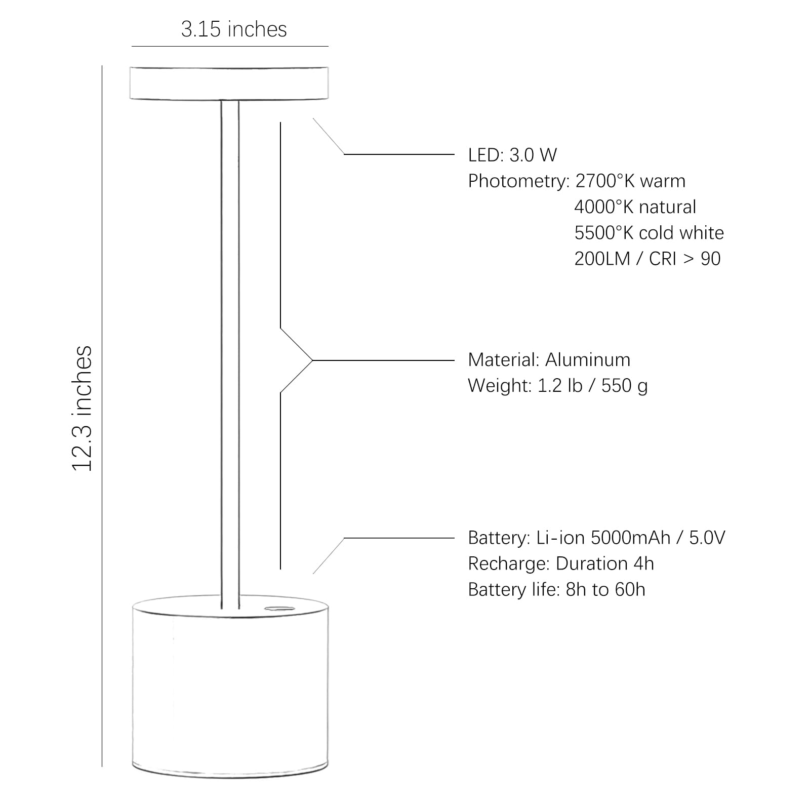 Barryca 12 Inch Cordless Table Lamp Rechargeable, Battery Operated Metal USB Desk Lamp, Portable Led Outdoor Light, Stepless Dimmable, for Outside/Indoor/Restaurant/Home/Dinner/Patio