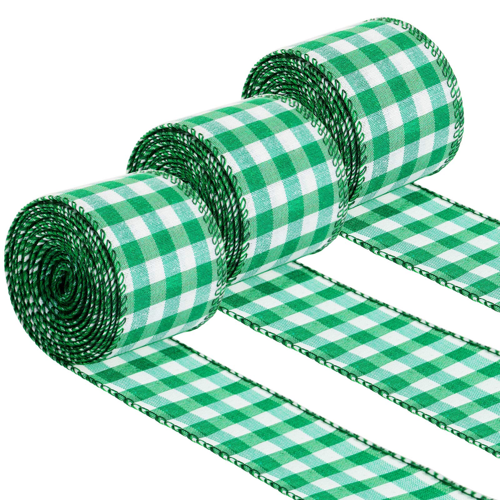 3 Rolls St. Patrick's Day Buffalo Plaid Ribbon Green and White Wired Edge Ribbon St. Patrick's Day Check Burlap Ribbon for Wrapping, Crafts Decoration, 2 Inch x 6.6 Yard (Green and White)