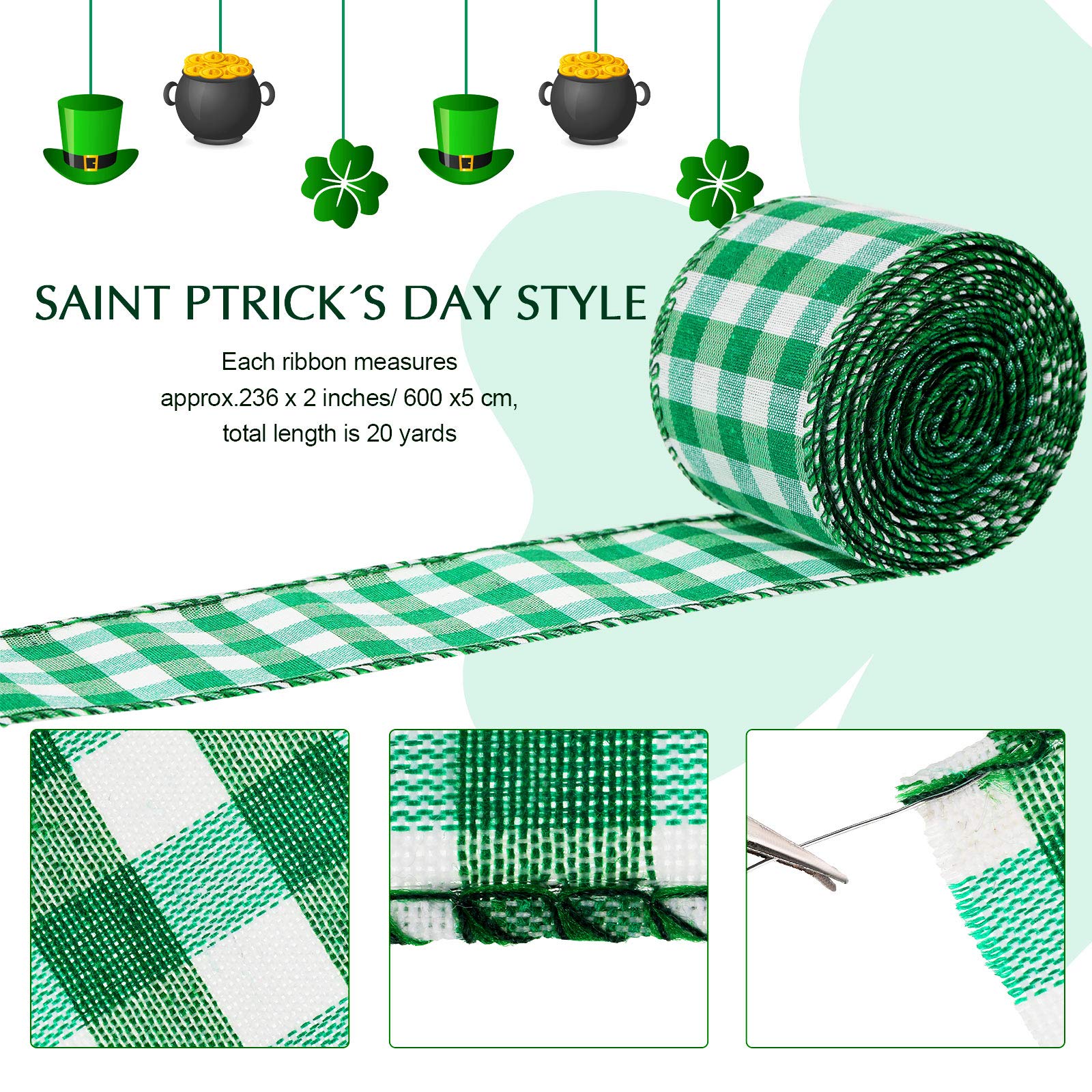 3 Rolls St. Patrick's Day Buffalo Plaid Ribbon Green and White Wired Edge Ribbon St. Patrick's Day Check Burlap Ribbon for Wrapping, Crafts Decoration, 2 Inch x 6.6 Yard (Green and White)