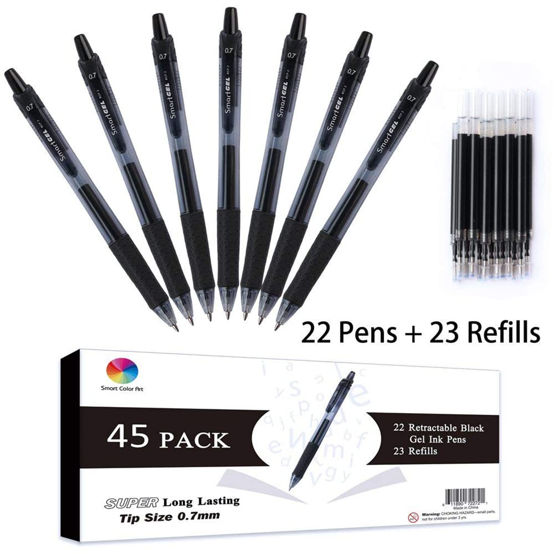 Smart Color Art 45 Pack Black Gel Pens, Retractable Medium Point Gel Ink Pens Smooth Writing for School Office Home, Comfort Grip