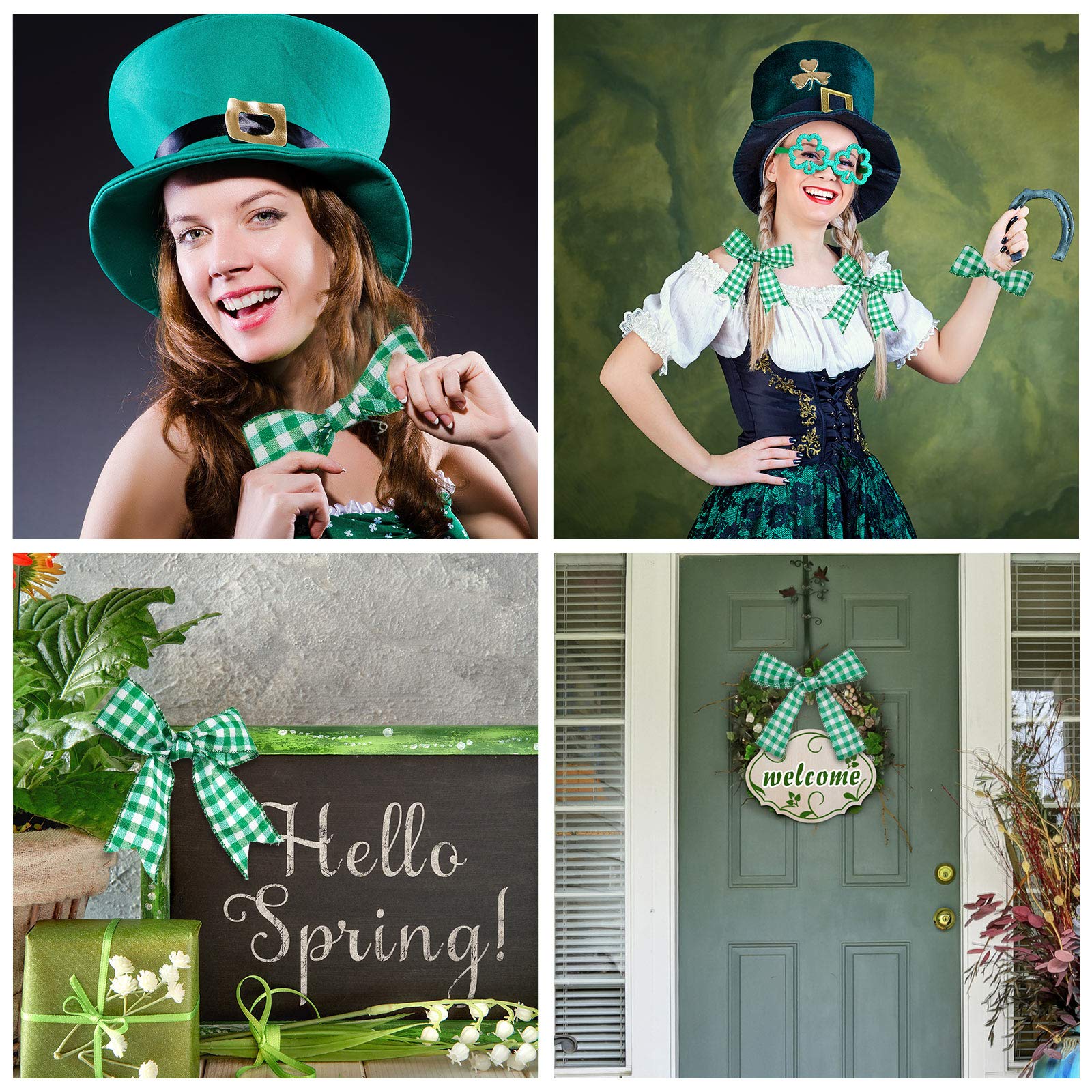 3 Rolls St. Patrick's Day Buffalo Plaid Ribbon Green and White Wired Edge Ribbon St. Patrick's Day Check Burlap Ribbon for Wrapping, Crafts Decoration, 2 Inch x 6.6 Yard (Green and White)