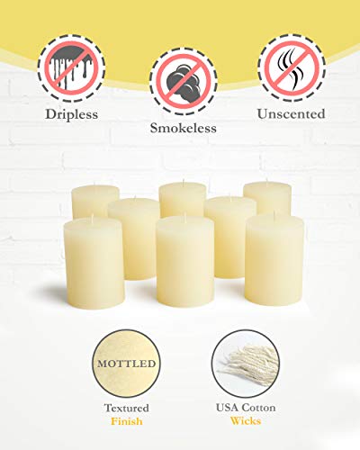 Mottled Pillar Candles by Bask - Set of 8 - 3" x 4" Dripless Unscented Candles in Ivory for Home Decor, Relaxation & All Occasions