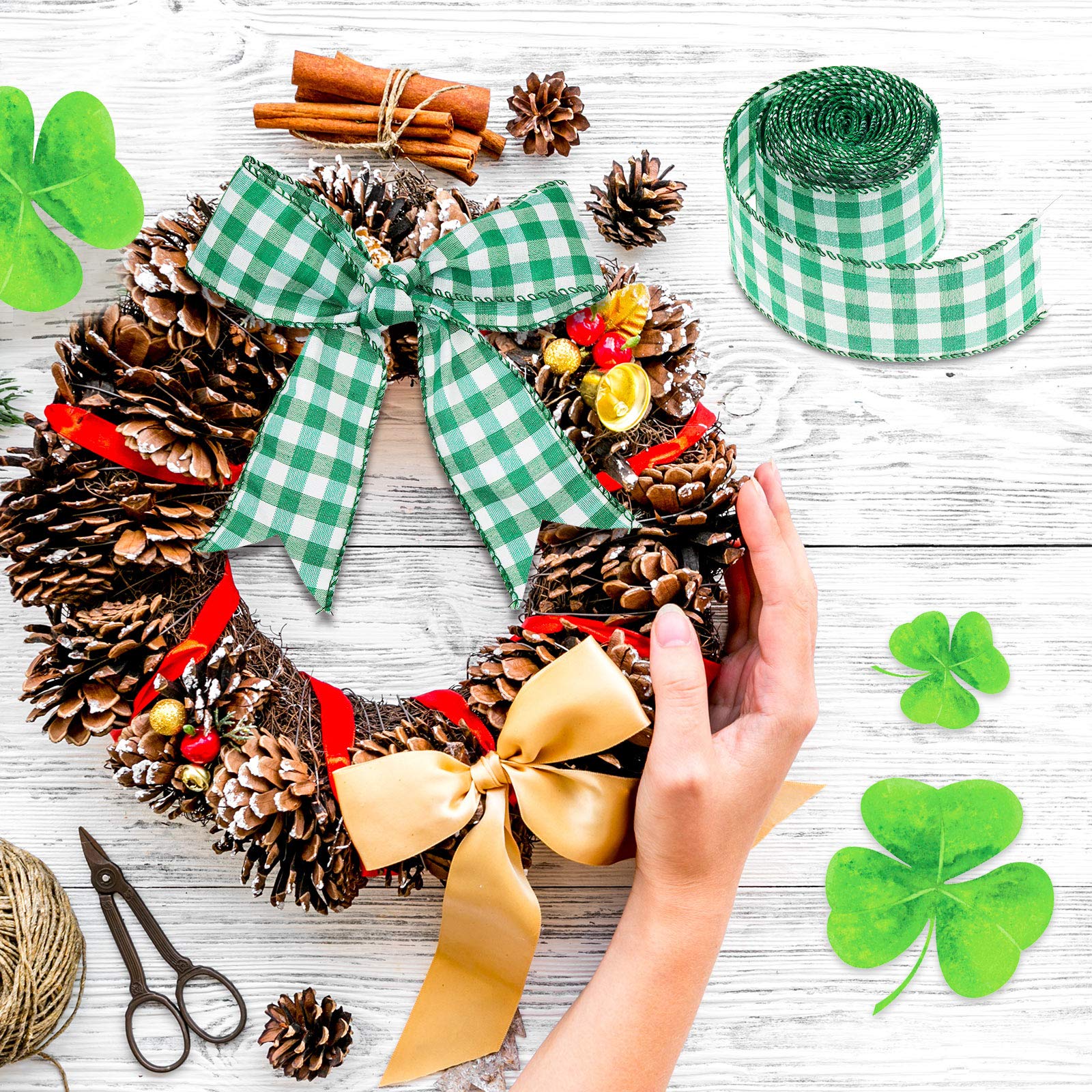 3 Rolls St. Patrick's Day Buffalo Plaid Ribbon Green and White Wired Edge Ribbon St. Patrick's Day Check Burlap Ribbon for Wrapping, Crafts Decoration, 2 Inch x 6.6 Yard (Green and White)