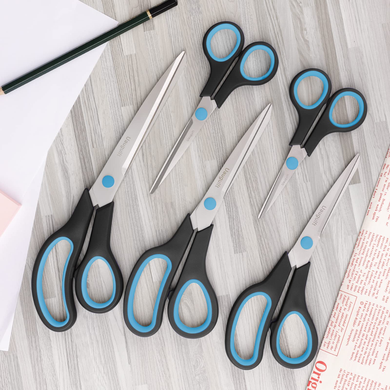 Uaugulft Scissors, Stainless Steel All Purpose Scissors, Craft Scissors with Soft Grip Handle, Blue & Black, 9.8”/8.5”/7.6”/6”/5”, Set of 5
