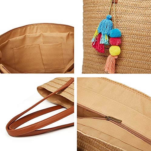 Obosoyo Straw Bags Beach Bag for Women Large Round Wicker Tote Bags Pompom Shoulder Bag Summer Purse (D-Khaki)