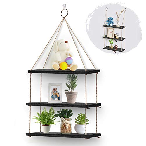 Hoofaway Hanging Shelves Wall Mounted Wood Shelves Lightweight and Durable Farmhouse Rope Shelves for Living Room Bedroom Bathroom Kitchen Black 3PCS