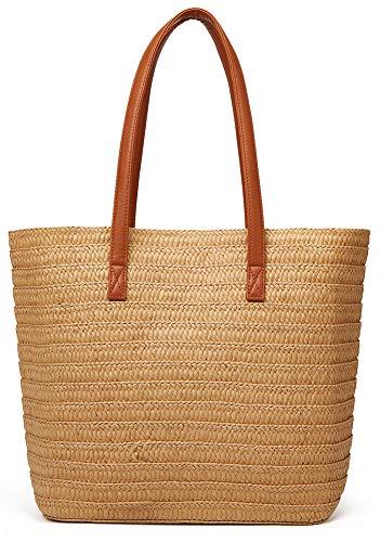 Obosoyo Straw Bags Beach Bag for Women Large Round Wicker Tote Bags Pompom Shoulder Bag Summer Purse (D-Khaki)