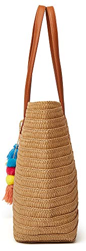 Obosoyo Straw Bags Beach Bag for Women Large Round Wicker Tote Bags Pompom Shoulder Bag Summer Purse (D-Khaki)