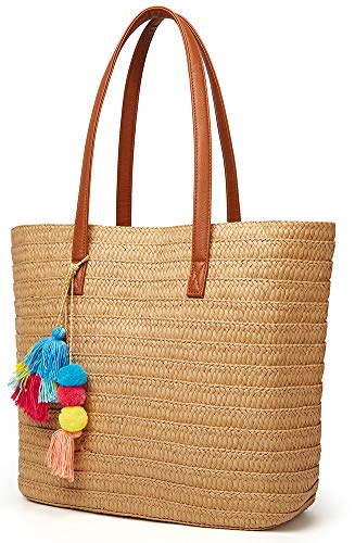 Obosoyo Straw Bags Beach Bag for Women Large Round Wicker Tote Bags Pompom Shoulder Bag Summer Purse (D-Khaki)