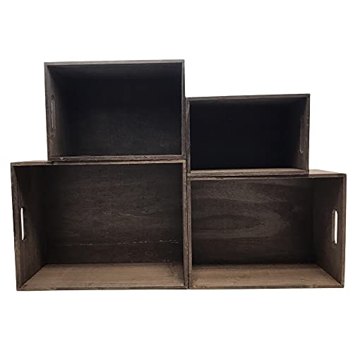 4 Pack Storage DIY Wood Crates Cutout Handles, Decorative Nesting Wood Box for Storage, Organization and Display, Set of 4 (Rustic Brown)