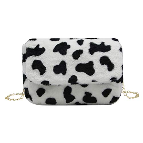 RARITYUS Women Fashion Leopard Print Shoulder Bag Fluffy Plush Handbag Cow Print Crossbody Purse Faux Fur with Chain Strap