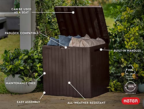 Keter City 30 Gallon Resin Deck Box for Patio Furniture, Pool Accessories, and Storage for Outdoor Toys, Brown