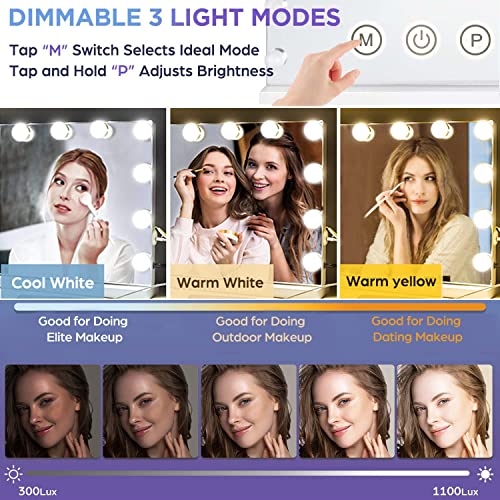 M MIVONDA Lighted Makeup Vanity Hollywood Mirror with 3 Color Lights Dimmable LED Bulbs with 10X Magnification, 2in1 Tabletop and Wall-Mounted Mirror with Plug-in and USB Charger Port