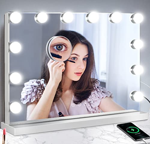 M MIVONDA Lighted Makeup Vanity Hollywood Mirror with 3 Color Lights Dimmable LED Bulbs with 10X Magnification, 2in1 Tabletop and Wall-Mounted Mirror with Plug-in and USB Charger Port