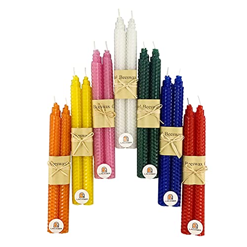 Lacaser Nature Beeswax Taper Candles Colorful 7 Pairs Set, Dripless & Smokeless & Unscented, 14 pcs 9" Long Candlesticks Rainbow Colored, Gift Box Packed