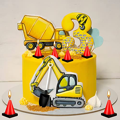 BBTO 6 Pieces Cone Shaped Molded Candles 50 Pieces Plastic Shovel Shape Novelty Spoons Construction Party Supplies Traffic Cones Candles for Birthday Cakes Decorations Toppers Construction