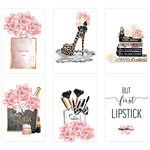 KALYLOC 6Pcs Pink Fashion Women Canvas Wall Art Prints, Pink Flower Perfume Makeup Brush High Heels Handbags Pictures Paintings, Art Decorations for Living Room Bedroom Office (8''x12'' in Unframed)