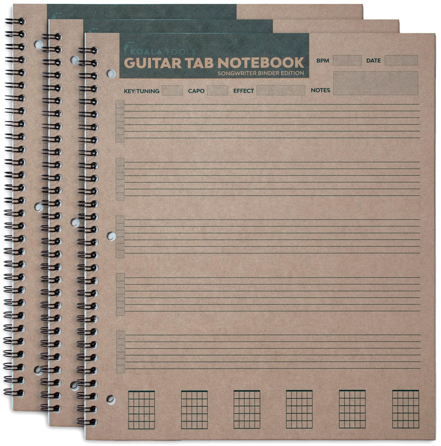 KOALA TOOLS | Guitar Tablature - Guitar Tab Notebook (3 Pack) | 8.5" x 9.75" 60pp. - Blank Paper, Sheets for Music Chord Notation