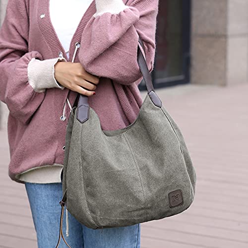 PHABULS Canvas Tote Bag For Women With Zipper, Mulit-Pocket Cotton Hobo Handbag Fashion Shoulder Purse-grey