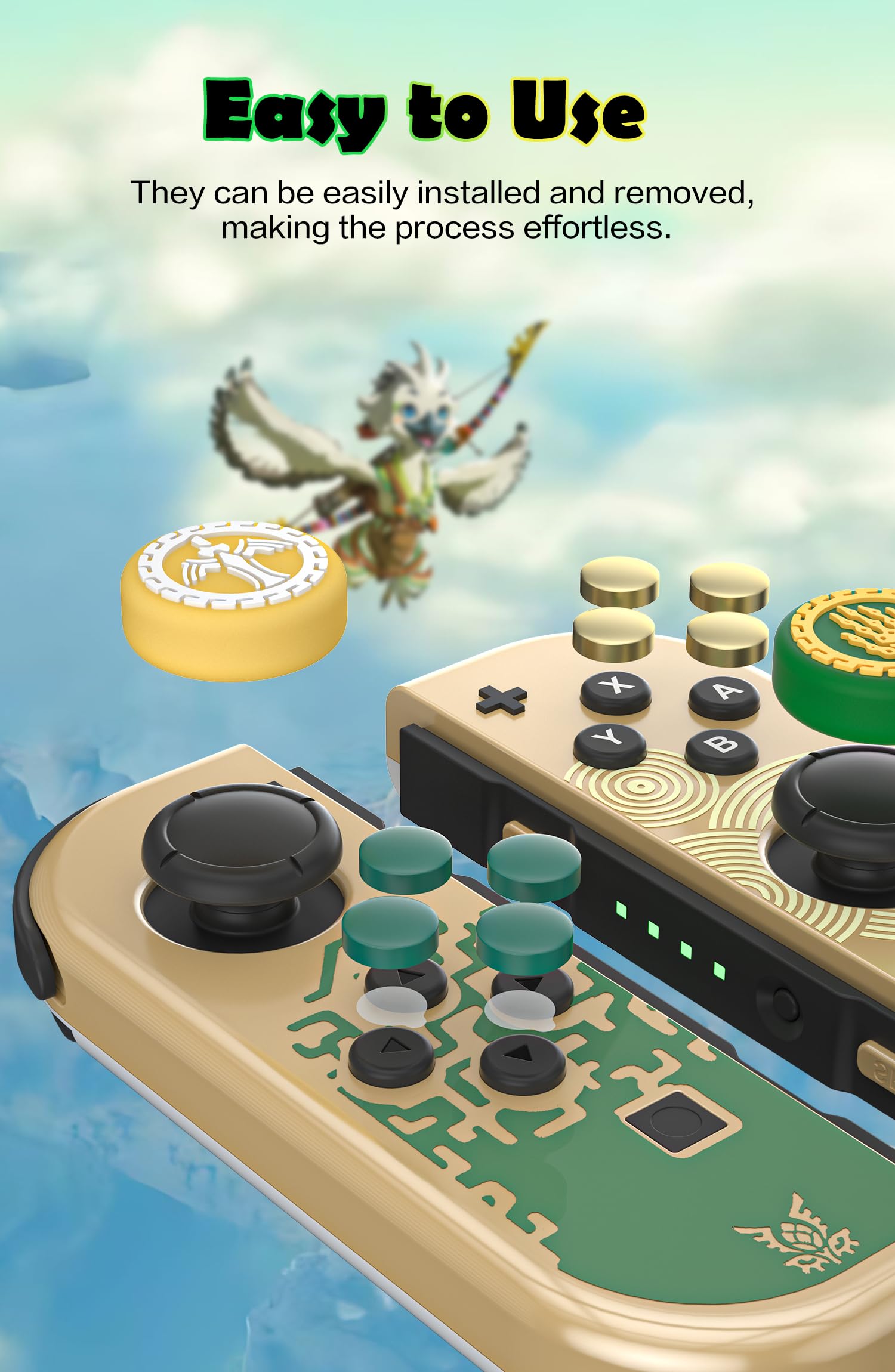 Switch Thumb Grip Caps for The Legend of Zelda: Tears of The Kingdom, Soft Silicone Joystick Cover and Switch Button Caps for Switch OLED/Switch lite - GreenGold