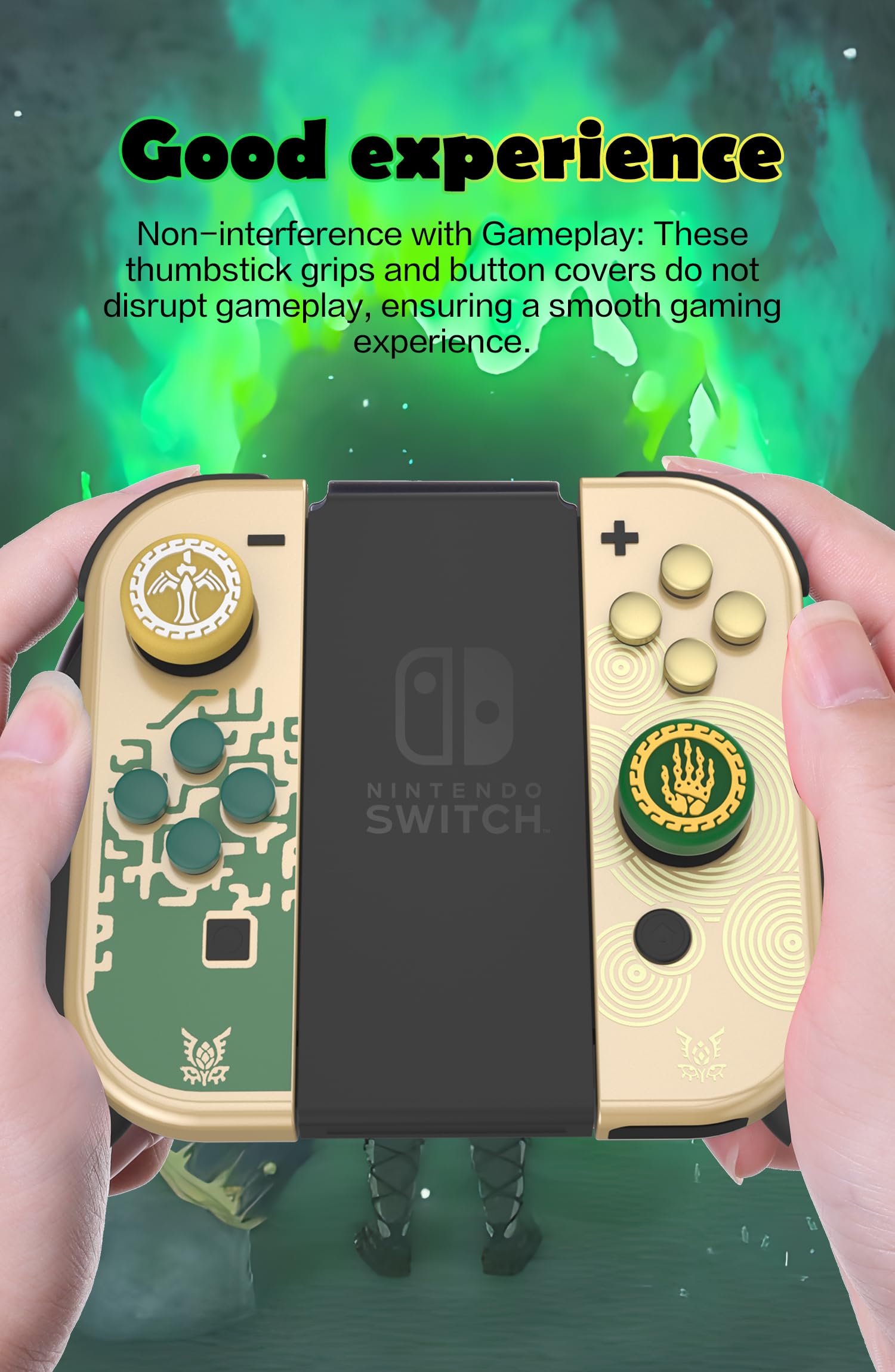 Switch Thumb Grip Caps for The Legend of Zelda: Tears of The Kingdom, Soft Silicone Joystick Cover and Switch Button Caps for Switch OLED/Switch lite - GreenGold