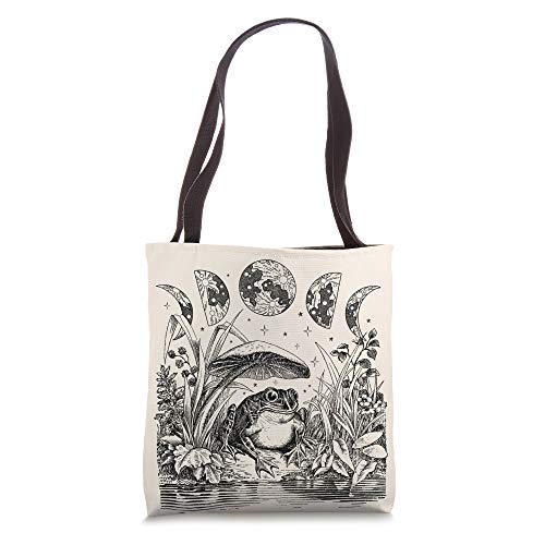 Cute Cottagecore Aesthetic Frog Mushroom Moon Witchy Vintage Tote Bag