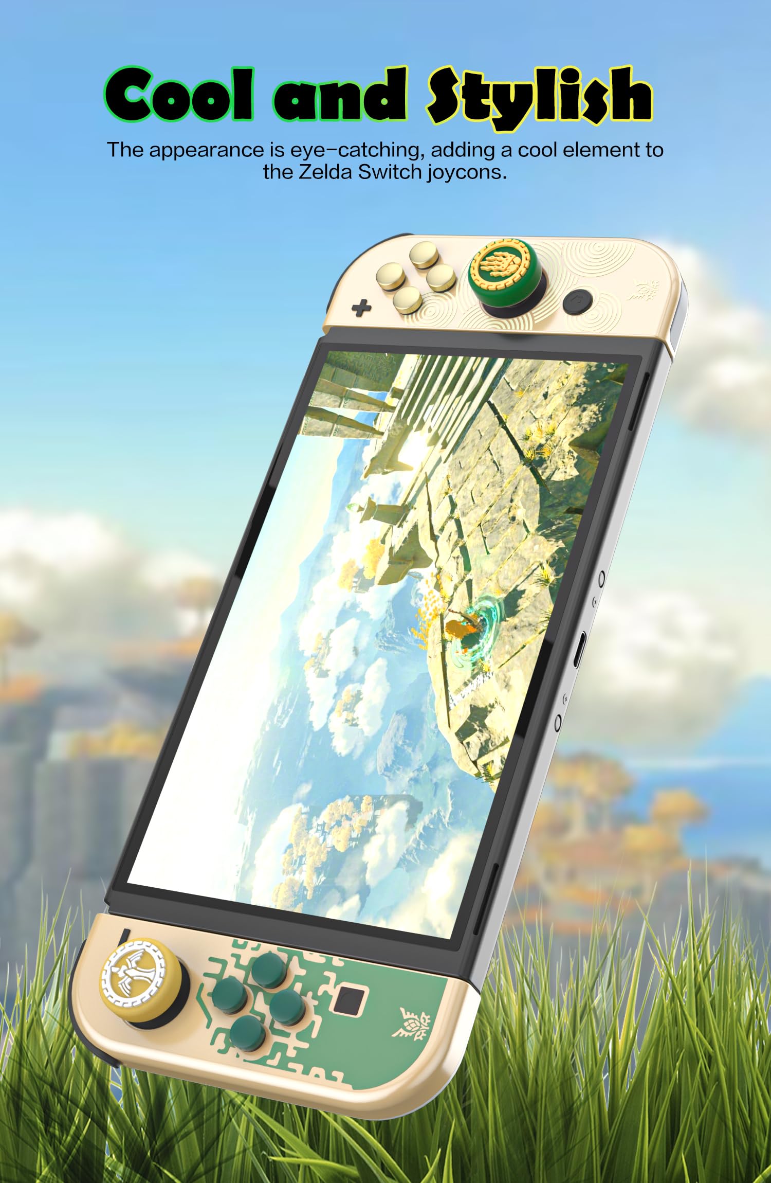 Switch Thumb Grip Caps for The Legend of Zelda: Tears of The Kingdom, Soft Silicone Joystick Cover and Switch Button Caps for Switch OLED/Switch lite - GreenGold