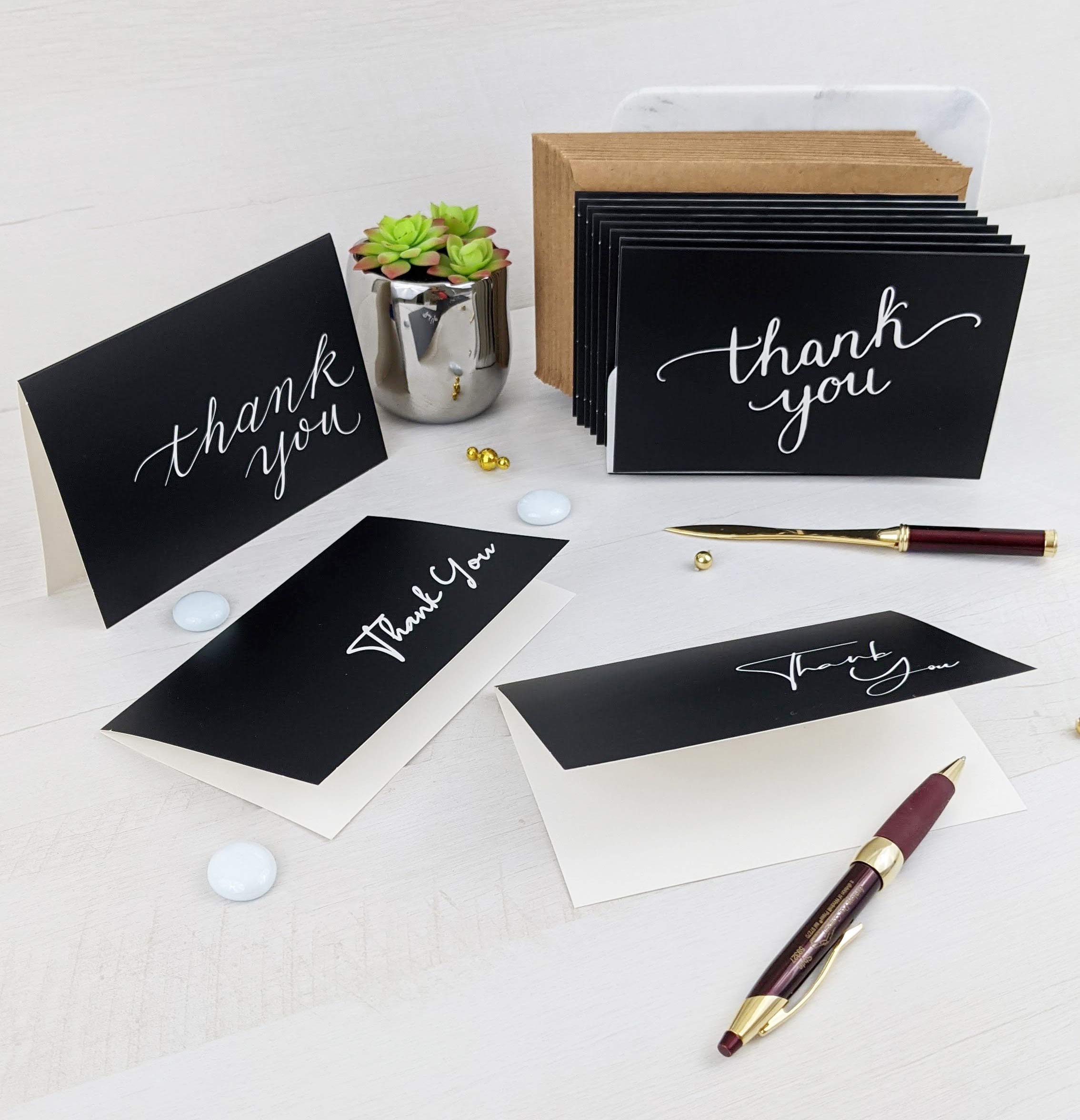 100 Black Thank You Cards with Brown Kraft Envelopes and Stickers - 4 Designs Bulk Notes for Official, Formal, Office, Graduations, Business, 4x6 Inch Folded