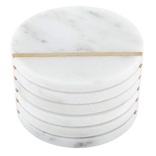 HighFree 6 Pack Absorbent Marble Coasters with Gold Brass Inlay, Handcrafted White Marble Coasters for Coffee Table Drinks/Bar Glasses, 4 Inches