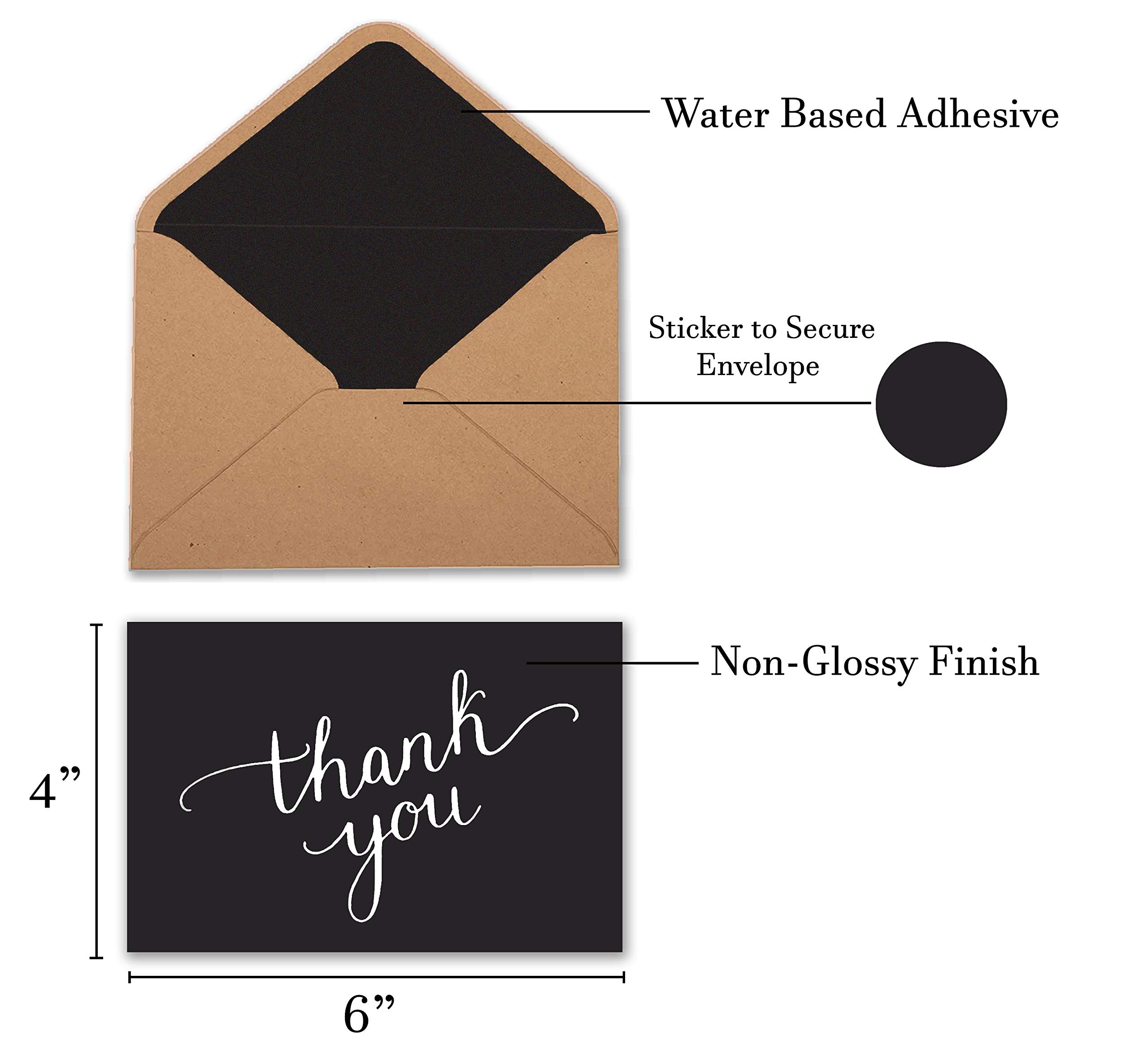 100 Black Thank You Cards with Brown Kraft Envelopes and Stickers - 4 Designs Bulk Notes for Official, Formal, Office, Graduations, Business, 4x6 Inch Folded