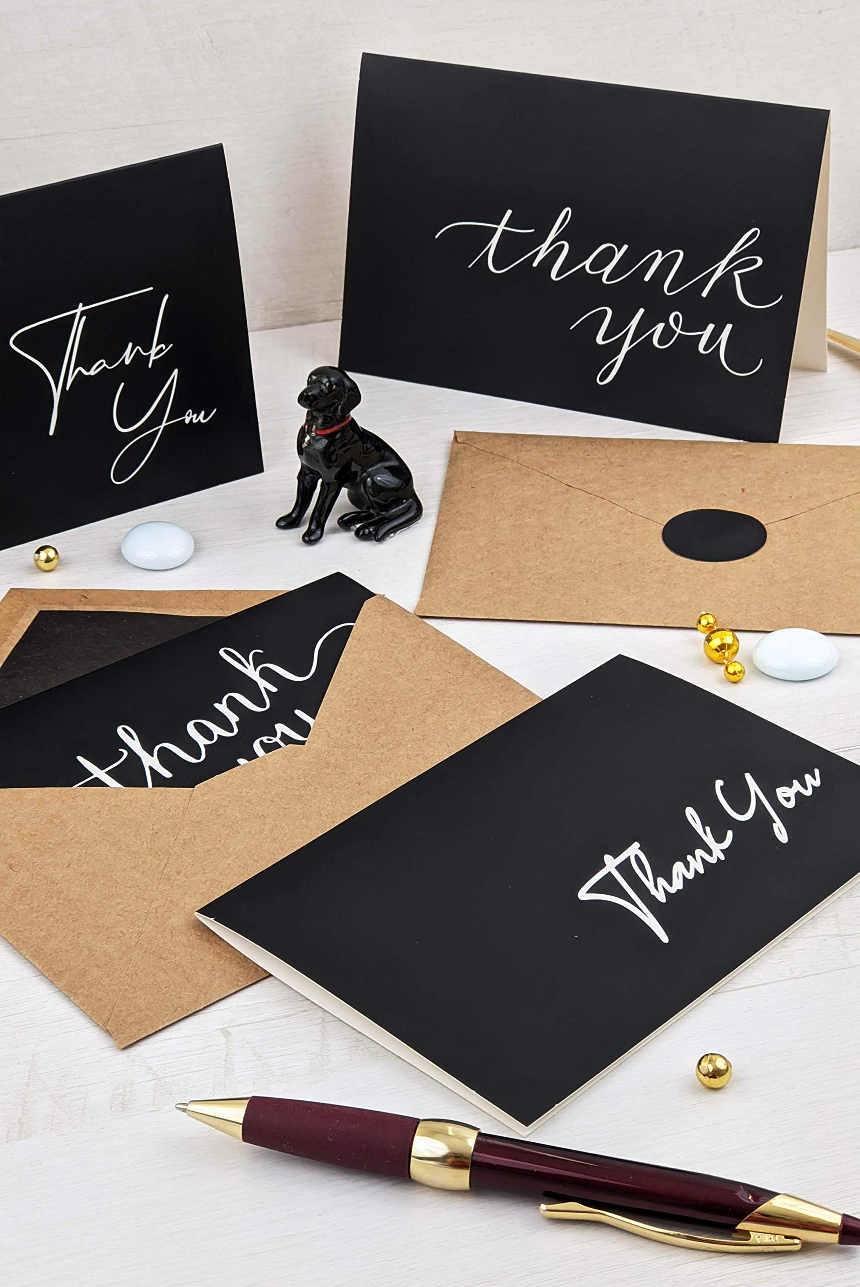 100 Black Thank You Cards with Brown Kraft Envelopes and Stickers - 4 Designs Bulk Notes for Official, Formal, Office, Graduations, Business, 4x6 Inch Folded