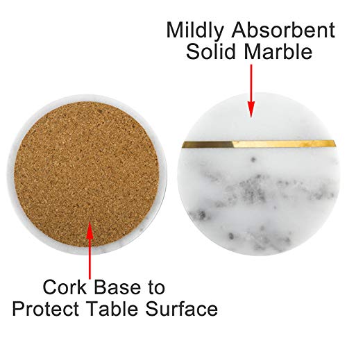 HighFree 6 Pack Absorbent Marble Coasters with Gold Brass Inlay, Handcrafted White Marble Coasters for Coffee Table Drinks/Bar Glasses, 4 Inches