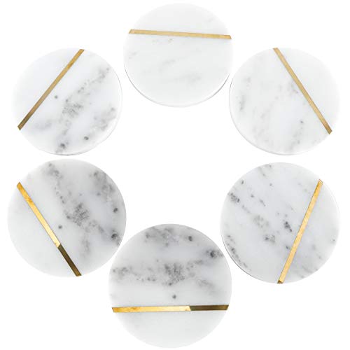HighFree 6 Pack Absorbent Marble Coasters with Gold Brass Inlay, Handcrafted White Marble Coasters for Coffee Table Drinks/Bar Glasses, 4 Inches