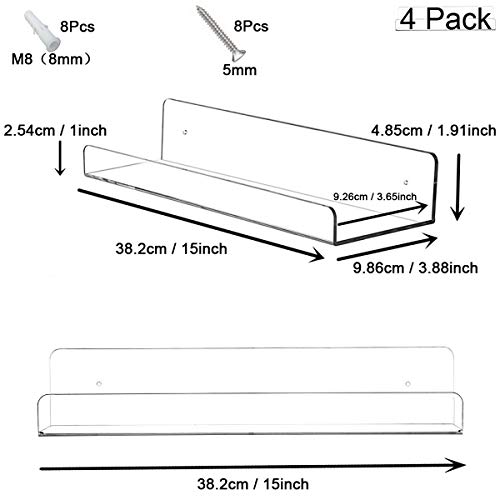 Cerpourt Acrylic Floating Wall Ledge Shelf, Wall Mounted Nursery Kids Bookshelf, Invisible Spice Rack, Clear Bathroom Storage Shelves Display,Acrylic 15" Invisible Bookshelf, Set of 4